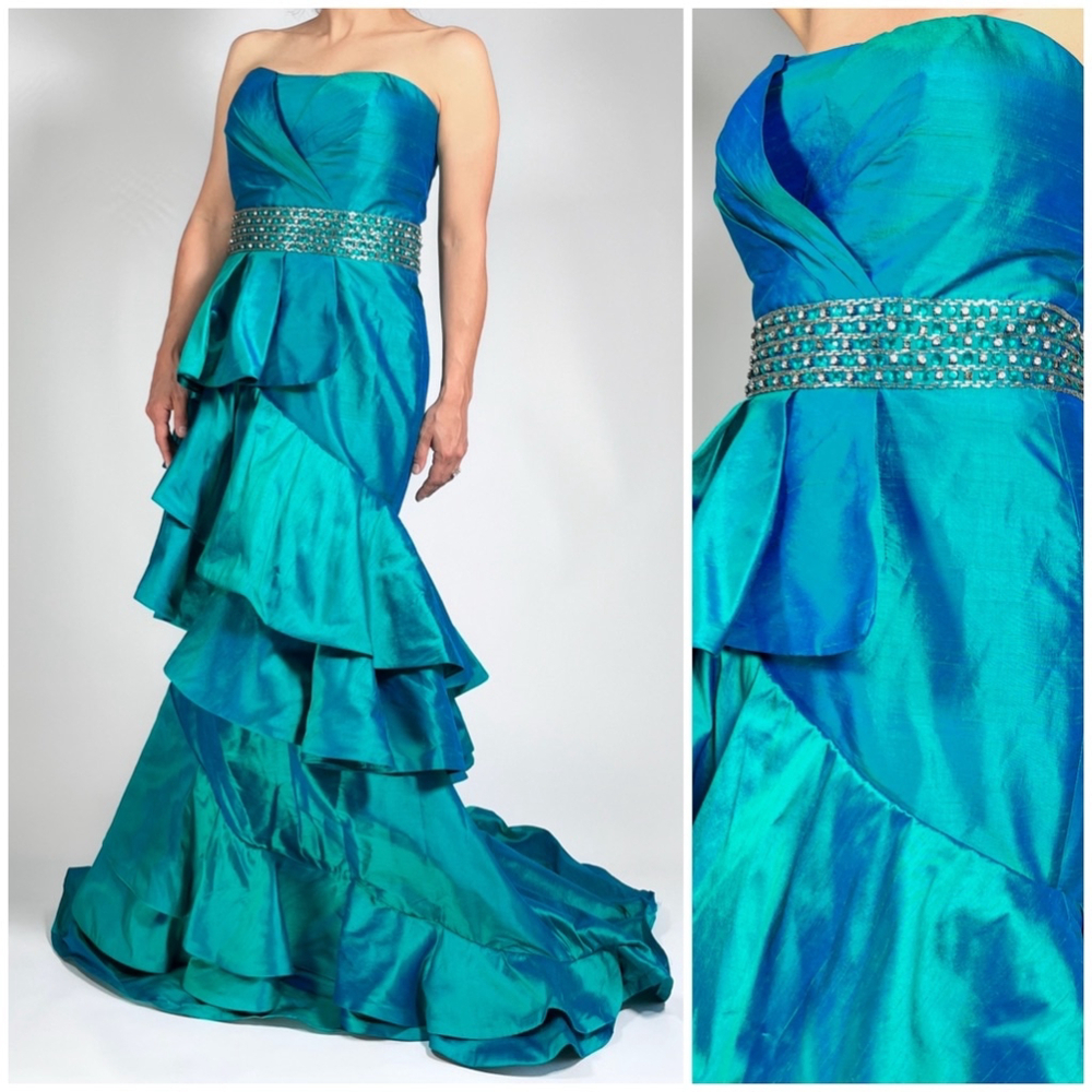 Women's Jovani Silk Teal Mermaid Prom Jewelled Dress … - Gem